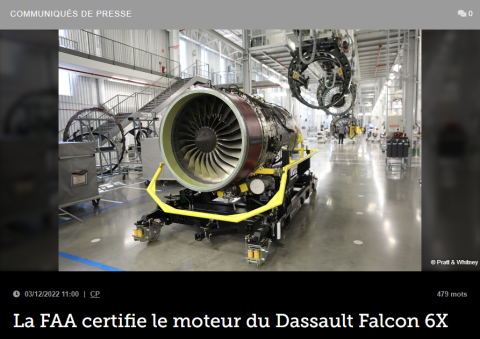 La FAA certifie le moteur du Dassault Falcon 6X - NAE